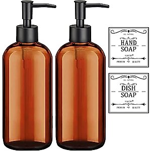 Amber Soap Dispenser with Rust Proof Pump, Waterproof Labels (2 Pack,16 Oz), Soap Dispenser Bathroom, Plastic Hand Soap Dispenser Dish Soap Dispenser for Kitchen, Premium Thick Soap Pump Bottles