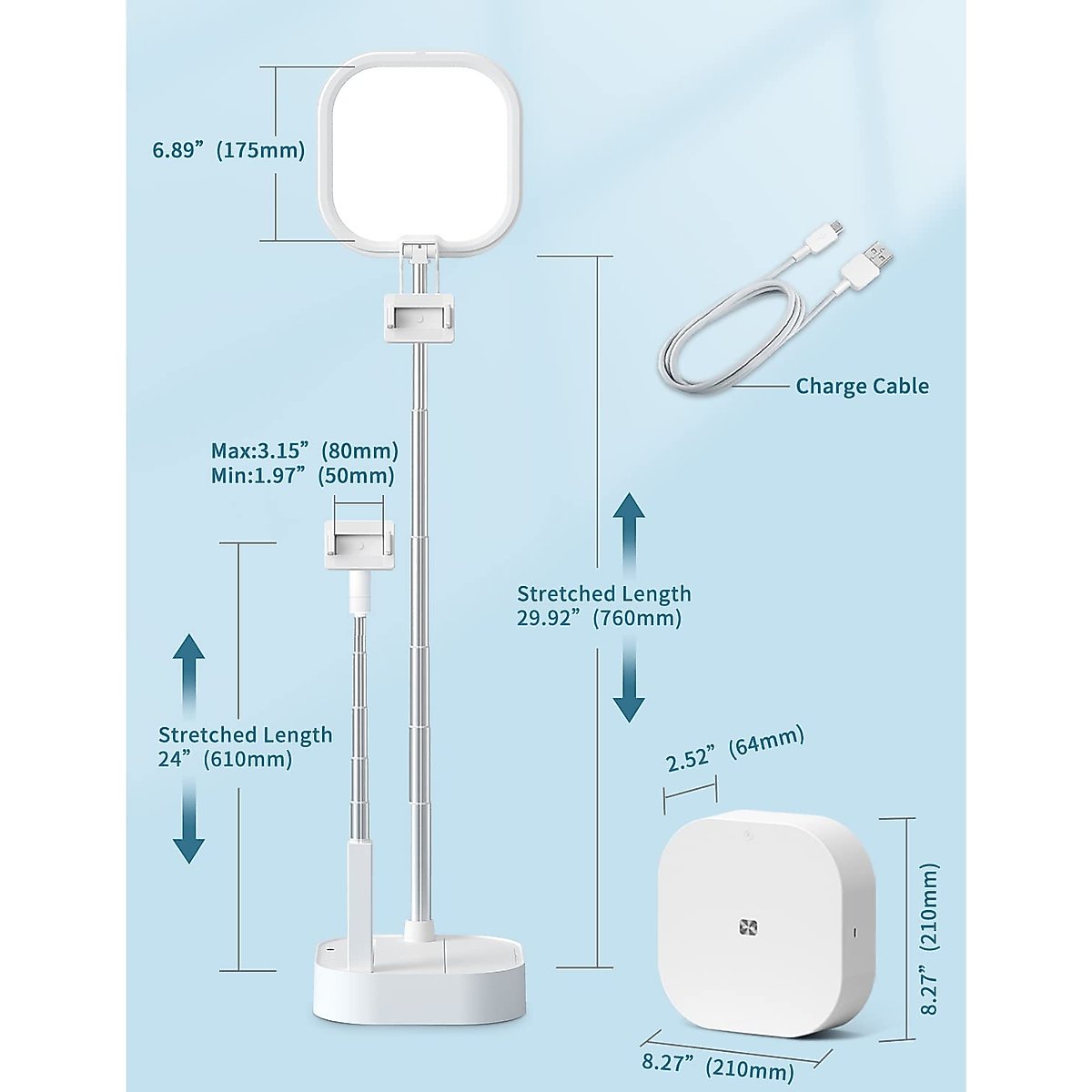 Viozon Extendable Selfie Stand,Height&Angle Adjustable,Overhead 360° Rotate,2 Phone Holders,Rechargeable Wireless Foldable 15 Brightness LED Light for Live Streaming/YouTube/Tiktok/Video/Makeup