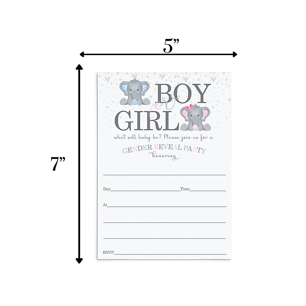 Elephant Gender Reveal Invitations with Envelopes (25 Pack) Invites for Baby Shower Party – Pink and Blue Theme Boy or Girl – Fill-In Details on Blank Card Set 5x7