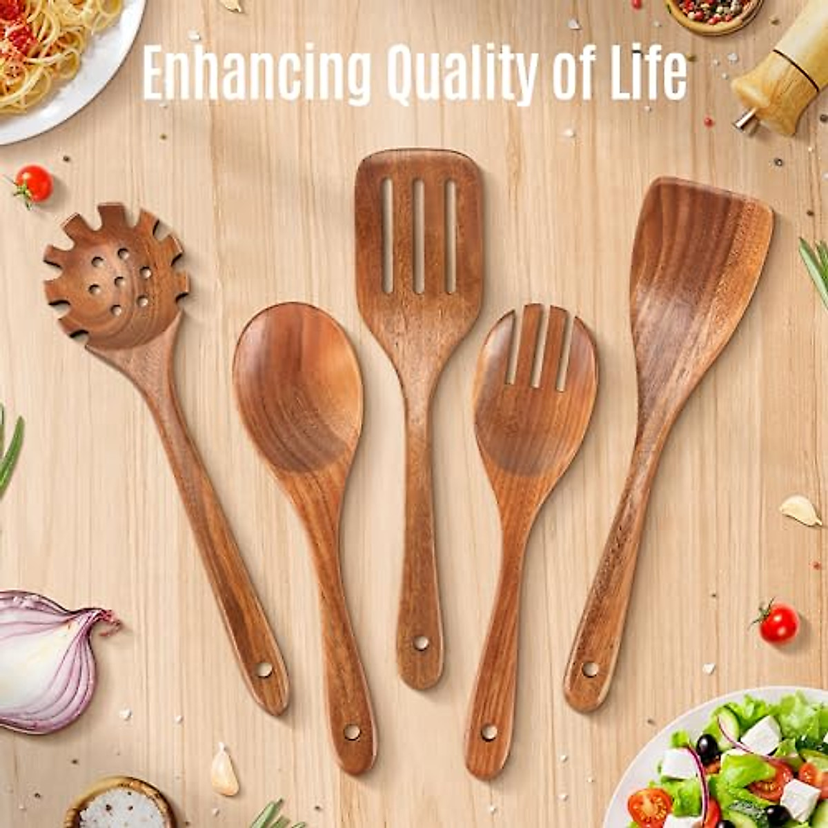 5 PCS Wooden Spoons for Cooking Natural Teak Kitchen Utensils Smooth Non-Stick Surface Cooking Utensils Set Soft Comfort-Grip Wooden Utensils for Cooking