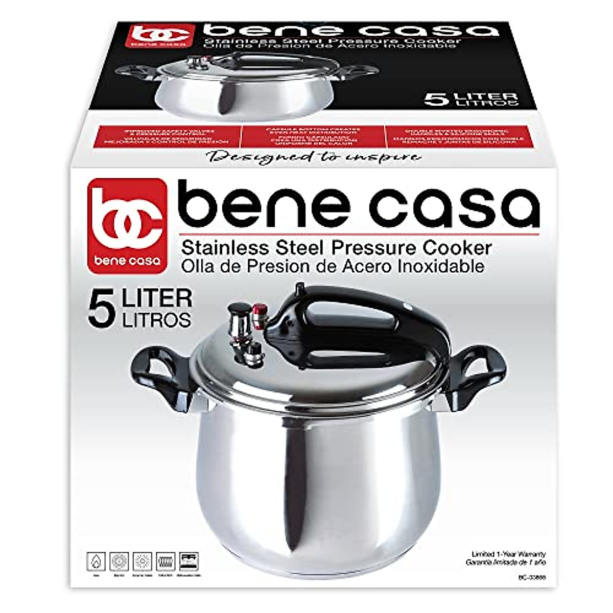 Bene Casa Stainless-Steel, 5.3-quart Pressure Cooker, 5-liter Capacity. Olla de Presion.