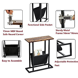 Yusong Small Narrow Side Table for Small Spaces, Slim End Table Magazine Table Nighstand with Storage Holder, Accent Skiny Snack Couch Beside Table, Rustic Brown