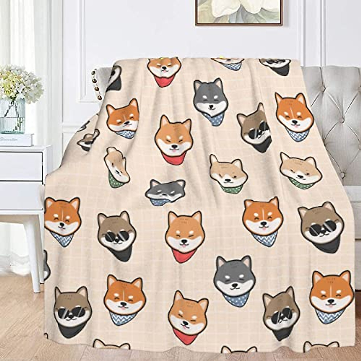 FeHuew Cute Shiba Inu Japanese Dog Flannel Fleece Throw Blanket 50x60 inch Living Room/Bedroom/Sofa Couch Warm Soft Bed Blanket for Kids Adults