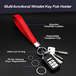 MECHCOS Car Key Fob Keychain Holder Genuine Leather Wristlet Loop Key Chain Circle Carabiner Clip for Men and Women with Anti-Lost D Ring, Screwdriver, 4 Key Rings, 360 Degree Rotatable, Red
