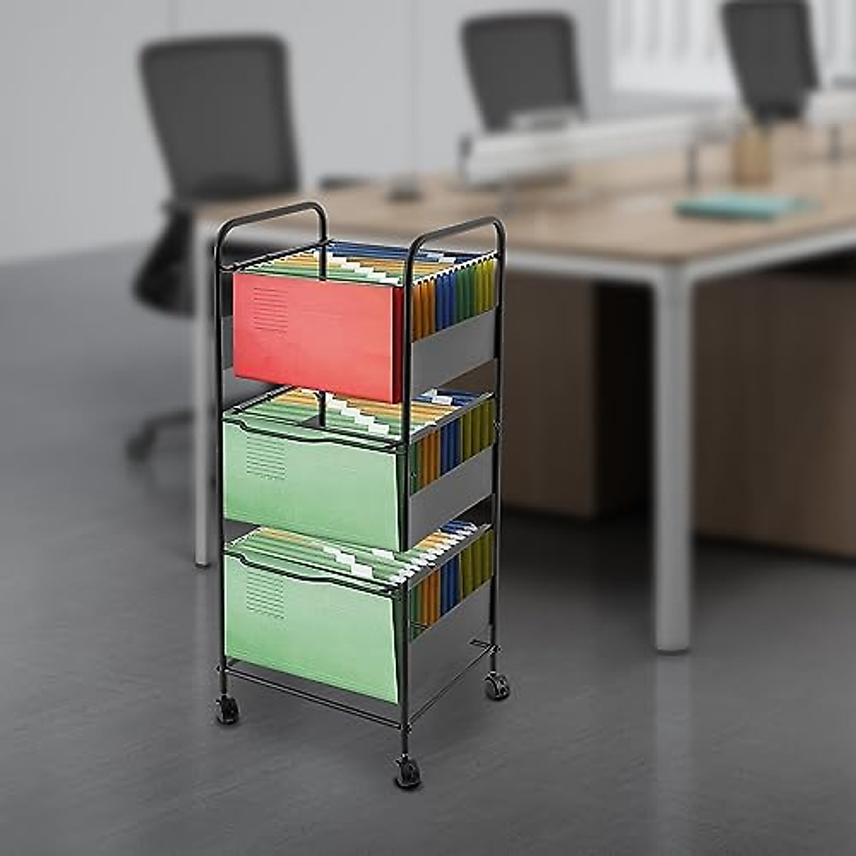 LOHISHILO 3 Tiers Metal Rolling File Carts with Wheels Hanging Files for Letter Size Movable Pull-Out File Folder Rack Drawer File Cabinet for Home, Office, Classrooms, Study Rooms