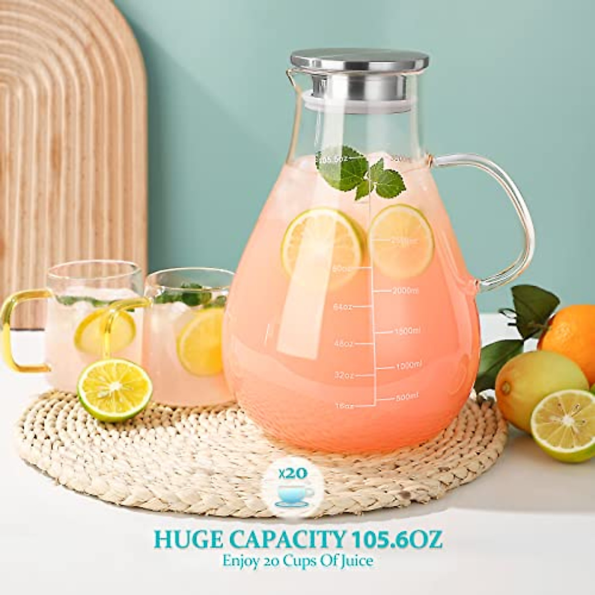 Glass Pitcher with Lid 1 Gallon Pitcher, 105.6oz Glass Water Pitcher with Precise Scale Line, The First Upgraded & Thicked Tea Pitcher 1 Gallon for Fridge, HOUSALE Easy to Clean Heat & Cold Resistant