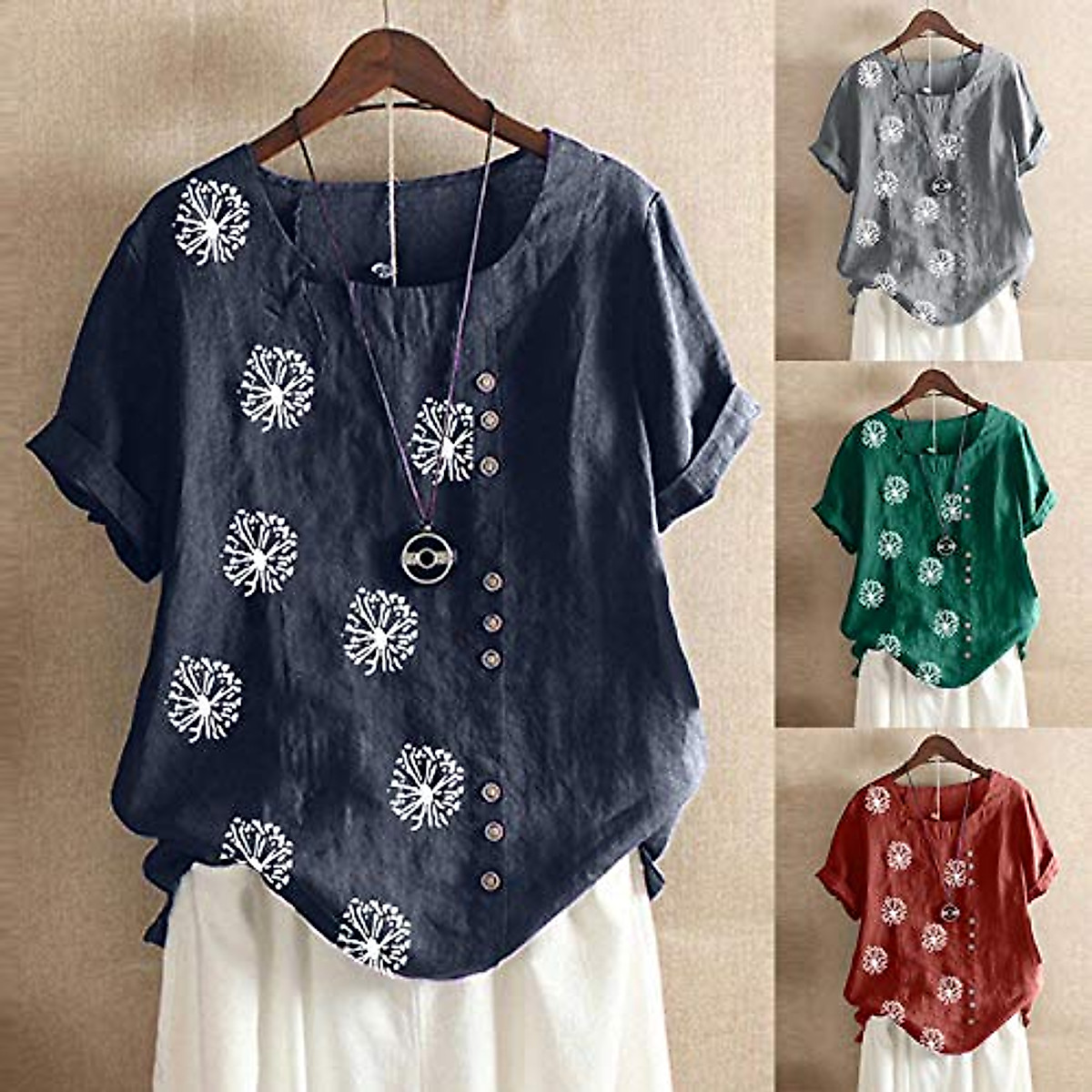 wodceeke Women's Dandelion Printed Cotton and Linen T-shirt Short Sleeve Round Neck Button Tee Casual Loose Top (Wine, L)