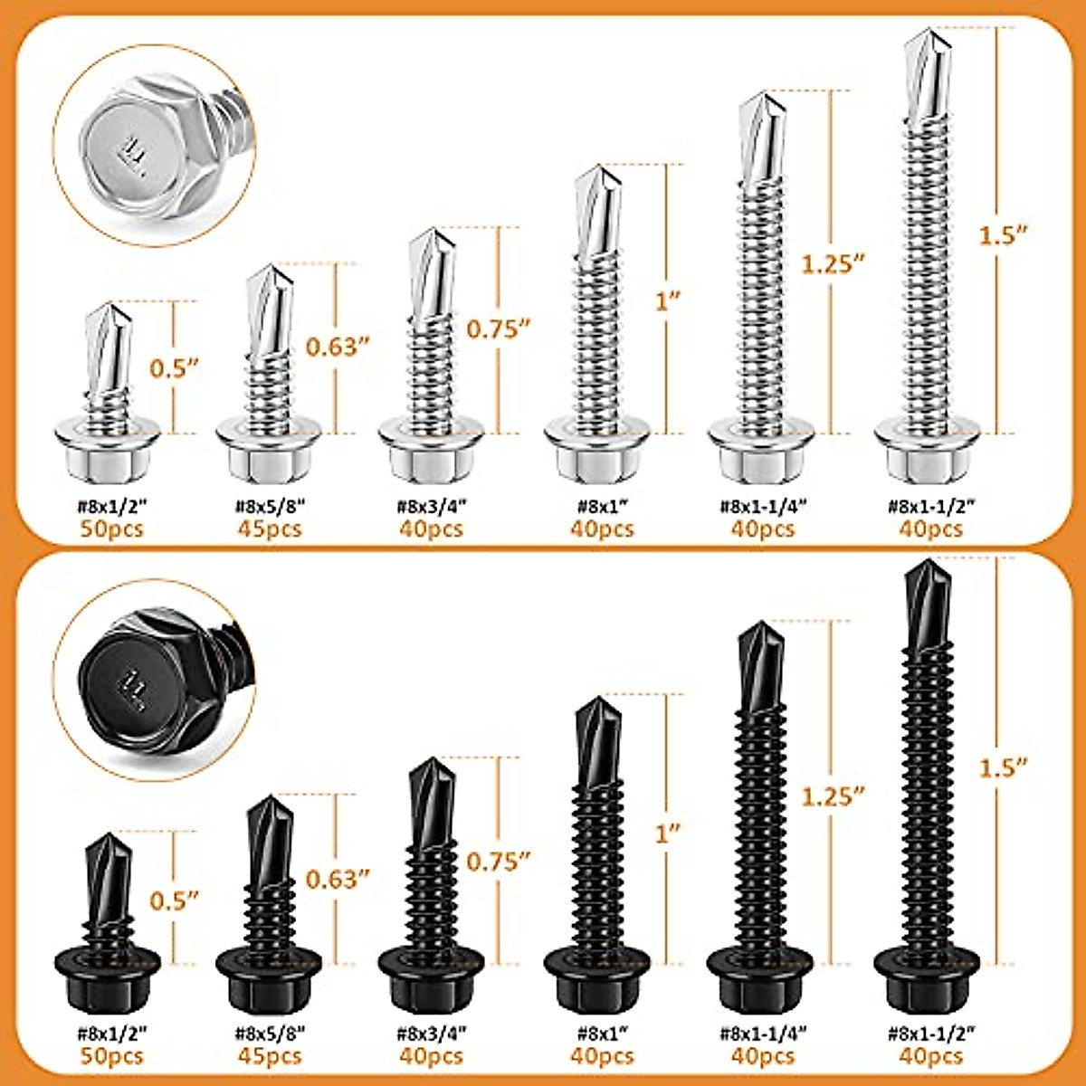VIGRUE 410 Stainless Steel 360 Pieces Self Tapping TEK Screw Assortment, #8 Hex Washer Head Self Drilling Screws Full Thread Sheet Screw Kit for Metal