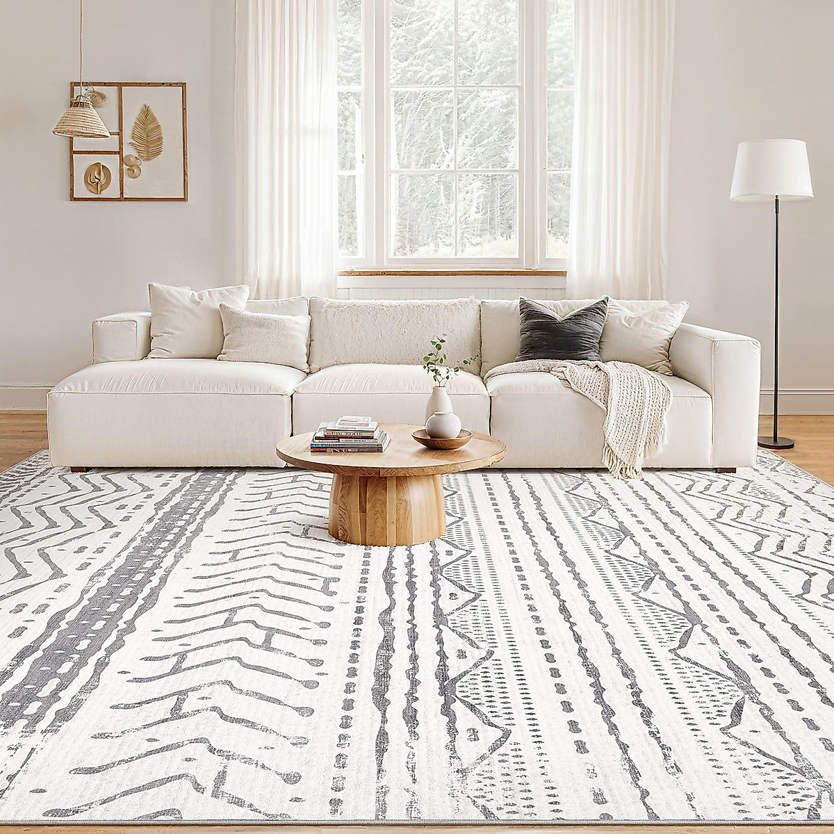 Area Rugs 8x10 Living Room: Washable Boho Large Neutral Soft Farmhouse Rug Stain Resistant Modern Geometric Non Slip Indoor Floor Carpet for Bedroom Nursery Kids Playroom Office- Gray White