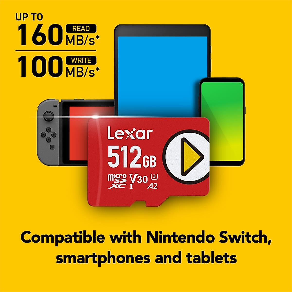 Lexar 512GB PLAY microSDXC Memory Card, UHS-I, C10, U3, V30, A2, Full-HD Video, Up To 160/100 MB/s, Expanded Storage for Nintendo-Switch, Gaming Devices, Smartphones, Tablets (LMSPLAY512G-BNNNU)
