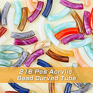 DICOSMETIC 216Pcs 12 Colors Acrylic Imitation Gemstone Bead Curved Long Spacer Connector Curved Chunky Bracelet Bead with 18m Elastic Thread Tube Bangle Bracelets for Women Jewelry DIY Making