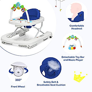 INFANS Foldable Activity Baby Walker, 2 in 1 Anti-Rollover Toddler Walker Helper with Adjustable Height and Speed Safety Belt, Music Center for Boys and Girls (Blue)