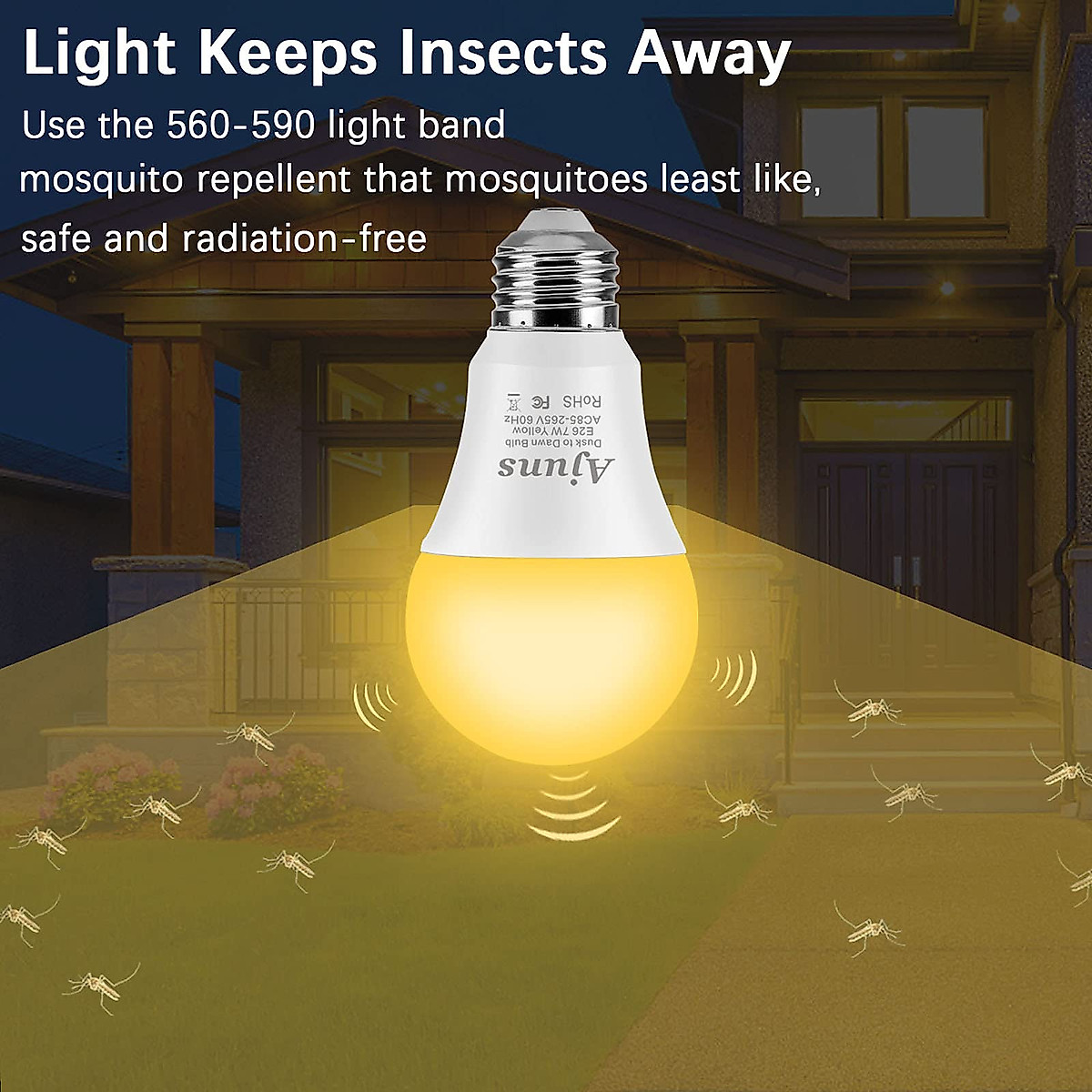 Ajuns Dusk to Dawn Bug Bulb Outdoor Sensor Yellow Bug Light Bulbs Automatic On/Off，for Terrace, Deck, Backyard, Porch, 7W Yellow Lights 2000K, 2 Packs