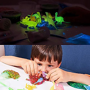 Dinosaur Slime Kit for Boys & Girls - 12 Colorful Premade Slime, 12 Glow in The Dark Dinosaur Toys, 2 Glow in The Dark Mixing Powder, 4 Glitter Powder, Ultimate DIY Crystal Slime Kit Gift for Boys