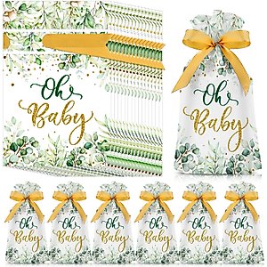 Bulyoou 50 Pcs Baby Shower Party Favors Bags Baby Plastic Drawstring Gift Bags Greenery Eucalyptus Candy Goodies Treat Bags for Baby Boy Girl Birthday Gender Reveal Party Supplies Decor 9 x 6 Inch
