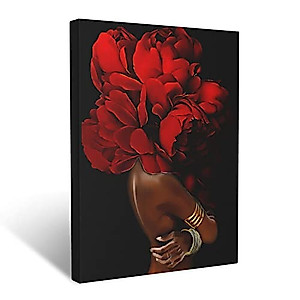 African American Wall Art, Women Empowering Art, Rose Women Wall Paintings Modern Artwork Stretched and Framed Poster For Bathroom Office Living Room Wall Decor, Floral Head Woman Print 12x16in