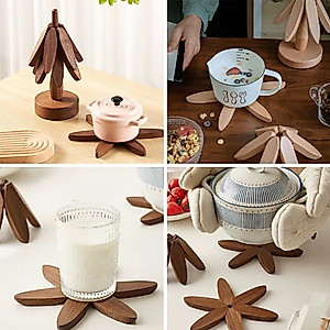 Wooden Tree Coasters, Wooden Trivets for Hot Dishes,Walnut Tree Shape Table Insulation Mat Set for Hot Pots and Pans Heat Resistant Pads for Kitchen Counter (Walnut, M, 3 Wooden Trivet + 1 Stand)