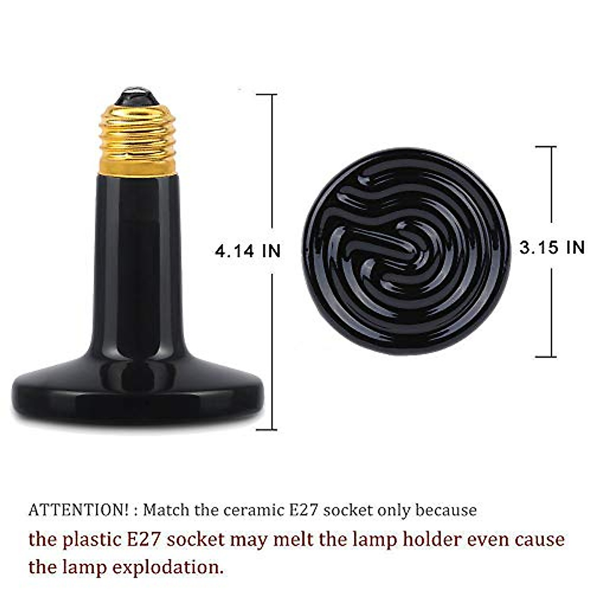 CRLight 100W 2 Pack Ceramic Heat Emitter Infrared Heat Lamp Bulb for Reptile Amphibian Pet Brooder Coop Chicken Lizard Turtle Snake Aquarium, No Light No Harm, ETL Listed, Black