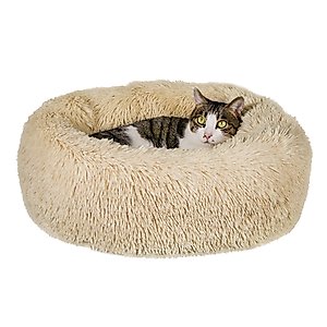 Qucey Calming Cat Beds for Indoor Cats, Anti Anxiety Round Fluffy Plush Faux Fur Cat Bed, Washable 23 inches Small Dog Bed & Cat Bed