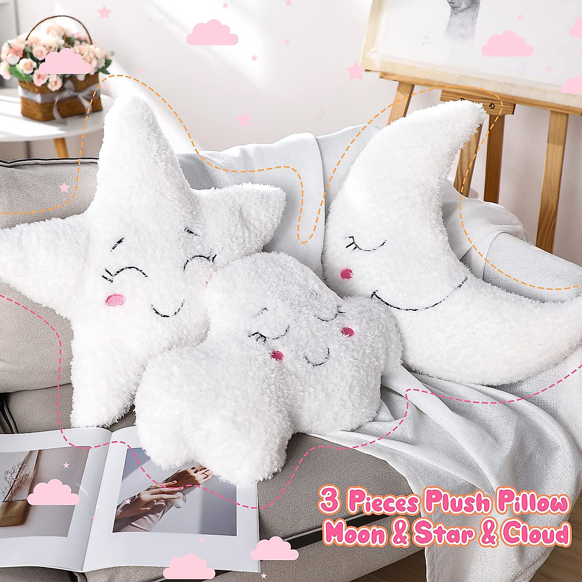 Queekay Cloud Rainbow Sun Moon Star Shaped Pillow 3 Pcs Nursery Stuffed Throw Pillows Kids Cute Cushion Children Soft Plush Pillow for Baby Room Reading Nook Decorations Gift(Moon, Star, Cloud)