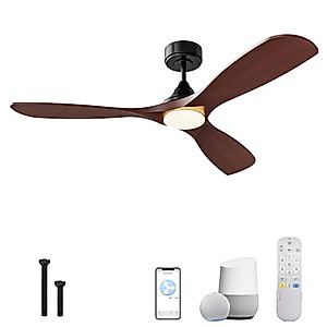 NOPAARD 52 Inch Smart Wood Ceiling Fan with Light, Ceiling Fans with Remote, Wifi Alexa and App Controls, Reversible Blades, Quiet DC Motor, Timing, High CFM, Dimmable LED Light, Red Walnut