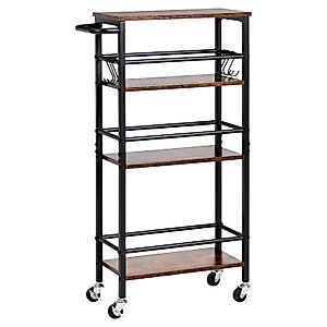 LOAKEKEL Slim Rolling Cart, 4-Tier Storage Cart on Wheels, Narrow Kitchen Cart with 6 Hooks for Small Spaces, 7.87" Deep, Mobile Shelving Unit Utility Cart for Dining Room, Bathroom, Brown HKC04BR-1
