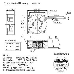 Security-01 50mm x 50mm x 20mm 5020 12V 0.30A Ball Bearing Brushless DC Cooling Fan 2pin AB5020H12 UL (Pack of 2)