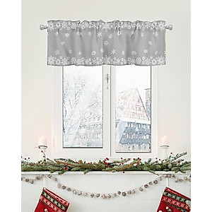 Jacekidy Christmas Snowflakes Valances for Window, Short Kitchen Curtains Valances Rod Pocket Window Valance Curtains for Living Room Bathroom Bedroom Cafe Seasonal Winter Xmas Grey Backdrop 54"x18"