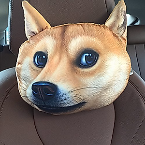 HOT SEAL Creative Funny Doge Lifelike 3D Printed Car Headrest Animals Dog Cat Head Cartoon Pillow Protect Seat Neck (Akitas)