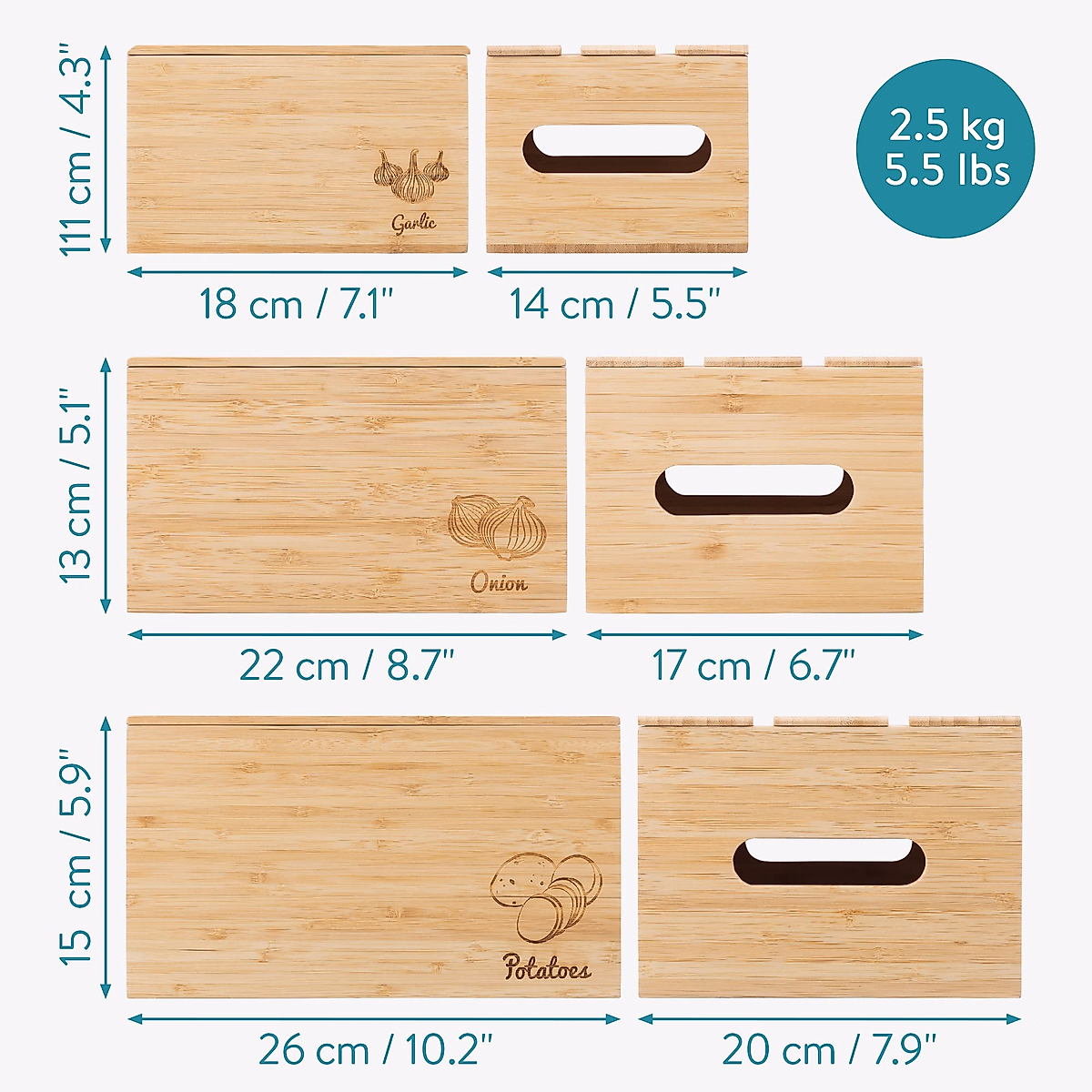 Navaris Bamboo Stackable Potato Onion & Garlic Storage, Set of 3 - Vegetable Storage Crates for The Home and Kitchen - Storage Boxes for Vegetables