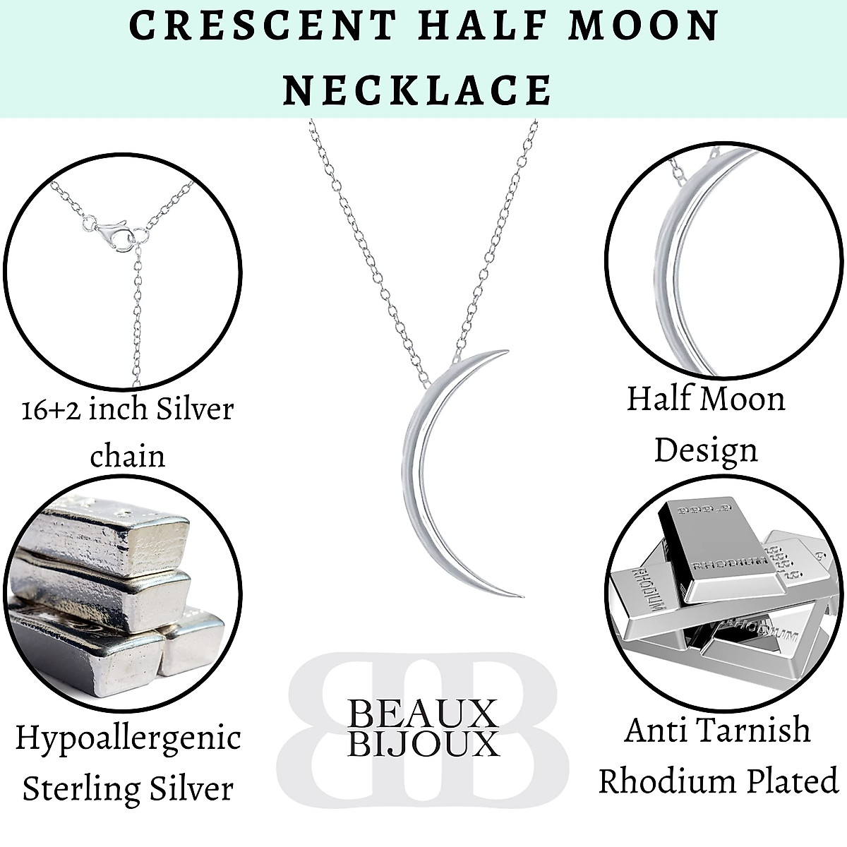 Beaux Bijoux Sterling Silver Moon Necklace - Silver Crescent Necklace - Crescent Moon Necklace - Half Moon Necklace for Women - Moon Necklaces For Women - Moon Necklace Silver - Moon Pendant