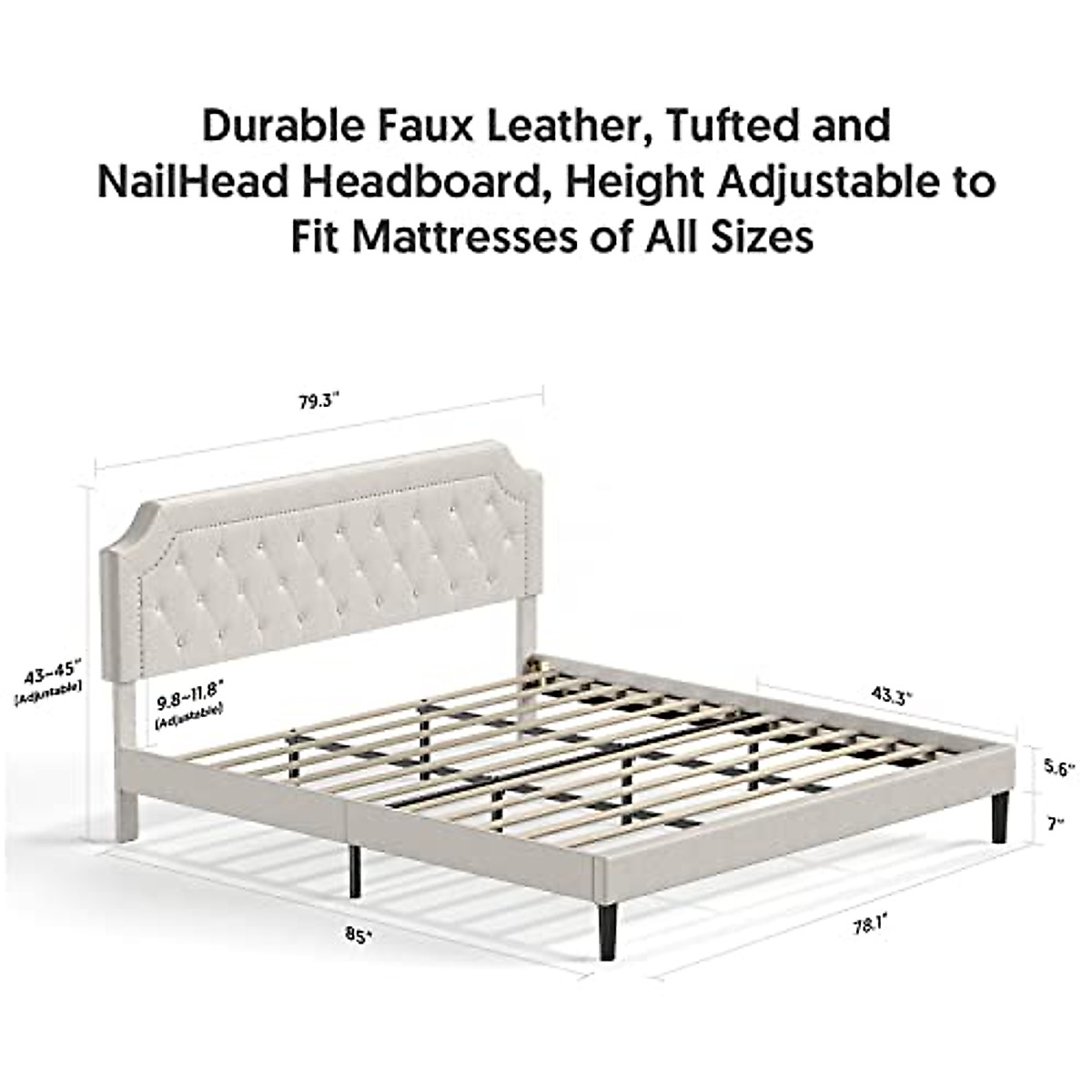 BONSOIR King Size Bed Frame Upholstered Low Profile Traditional Platform with Tufted and Nail HeadboardLinen Fabric Upholstery Color of Sand (Sand, King Size)