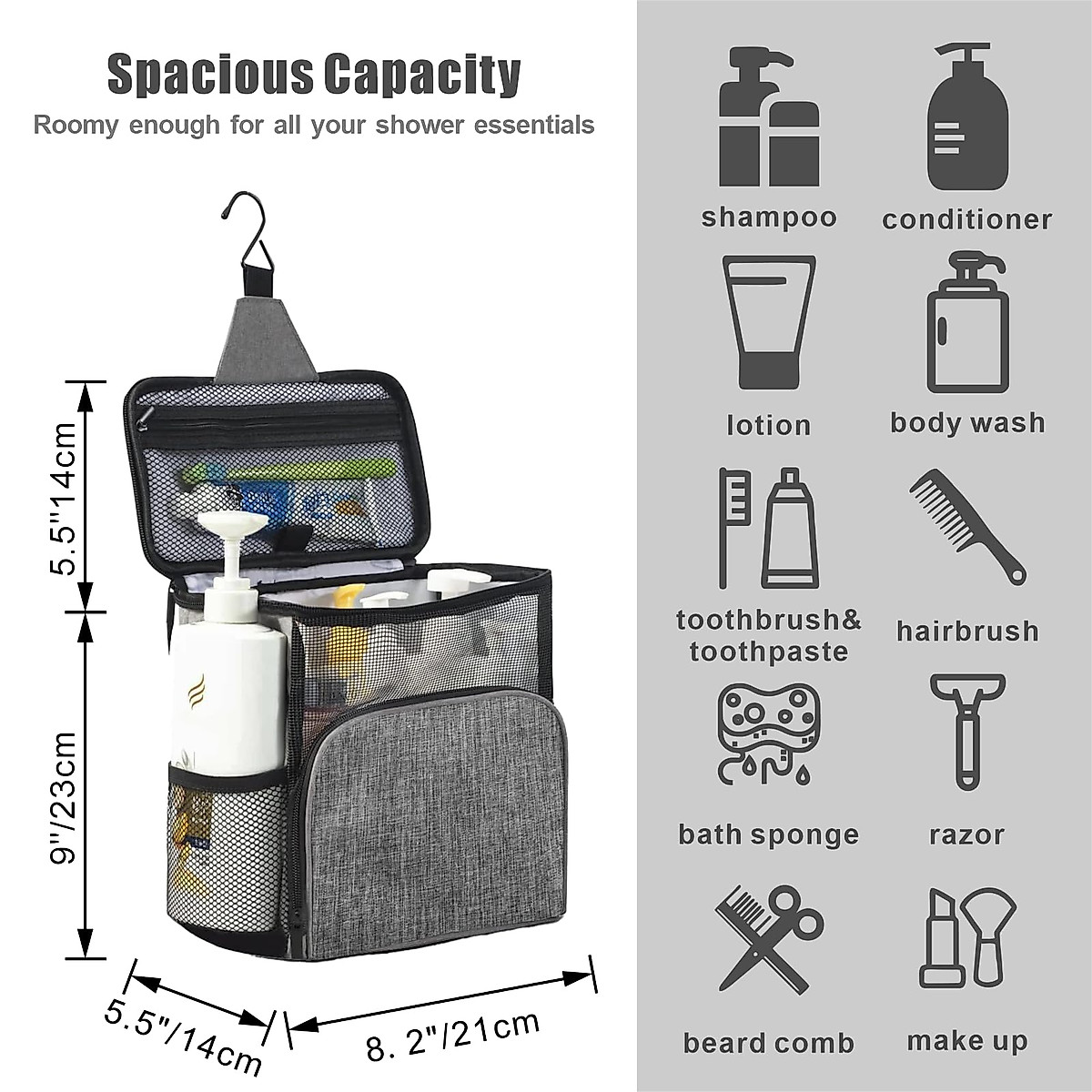 Portable Shower Caddy for Dorm & Gym & Travel - Extra Large Capacity&Drain Mesh, Quick Dry and Water Resistant with Metal Hook - Essential College Dorm for Men & Women（Grey）