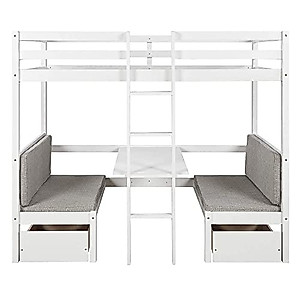 MERITLINE Twin Over Twin Bunk Bed, Convertible Dorm Loft Bed with Desk and Storage Drawers for Kids Teens, No Box Spring Needed (White Loft Bunk Beds)