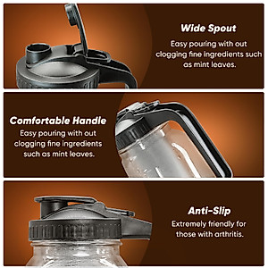 Cold Brew Coffee Maker Pitcher, 64oz Thick Glass Multipurpose Mason Pitcher Spout Lid with Wider Handle & Stainless Steel Filter for Iced Coffee, Lemonade, Ice Tea, Homemade Fruit Drinks, Black