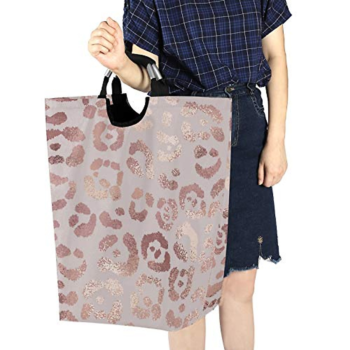 ALAZA Large Laundry Basket Rose Gold Leopard Print Pink Cheetah Laundry Bag Hamper Collapsible Oxford Cloth Stylish Home Storage Bin with Handles, 22.7 Inch