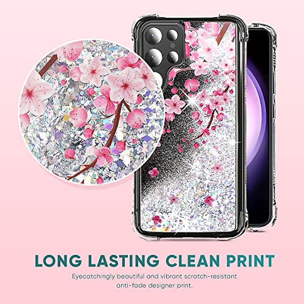 Miss Arts for Samsung Galaxy S23 Ultra Case, Girls Women Flowing Liquid Holographic Holo Glitter Shock Proof Case with Floral Design Bling Bumper for Samsung Galaxy S23 Ultra 5G- Cherry Blossom