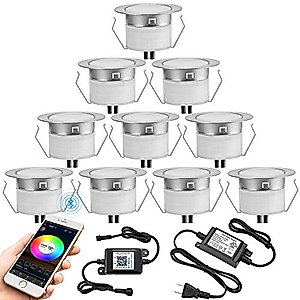INDARUN Low Voltage Led Deck Lights, 10pcs Recessed RGB Landscape Step Lighting, Bluetooth Control Waterproof Outdoor Garden Yard Decoration Lights for Stair Pathway Railing
