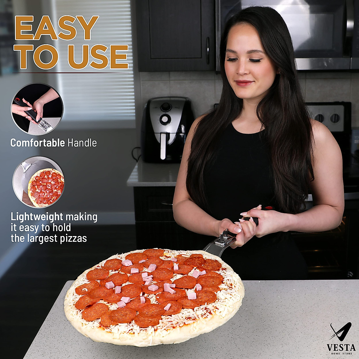 Pizza Spatula - 12 x 14 Inch Stainless Steel Pizza Peel - Foldable Pizza Paddle with Ergonomic Handle - Food Grade Material - Highly Durable Sturdy Construction - Perfect for Pies, Pizza, All Ovens