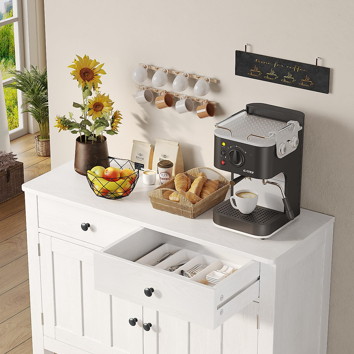 Gizoon Buffet Sideboard Cabinet with Storage, 33.5''H Farmhouse Coffee Bar with 2 Cabinets and 2 Drawers, Console Table with Open Storage Shelf for Kitchen, Dining Room, Living Room, Entryway, White