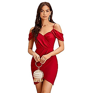 SweatyRocks Women's Elegant Short Sleeve Cold Shoulder Dress Wrap Bodycon Mini Dresses Red S