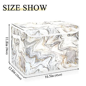 Kigai Marble Ink Gold White Storage Basket with Lid Collapsible Storage Bin Fabric Box Closet Organizer for Home Bedroom Office 1 Pack