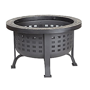 Fire Sense 62240 Fire Pit Alpina Slate Top Wood Burning Lightweight Portable Outdoor Firepit Backyard Fireplace for Camping Bonfire Included Screen Lift Tool & Cooking Grate - Round - 24"