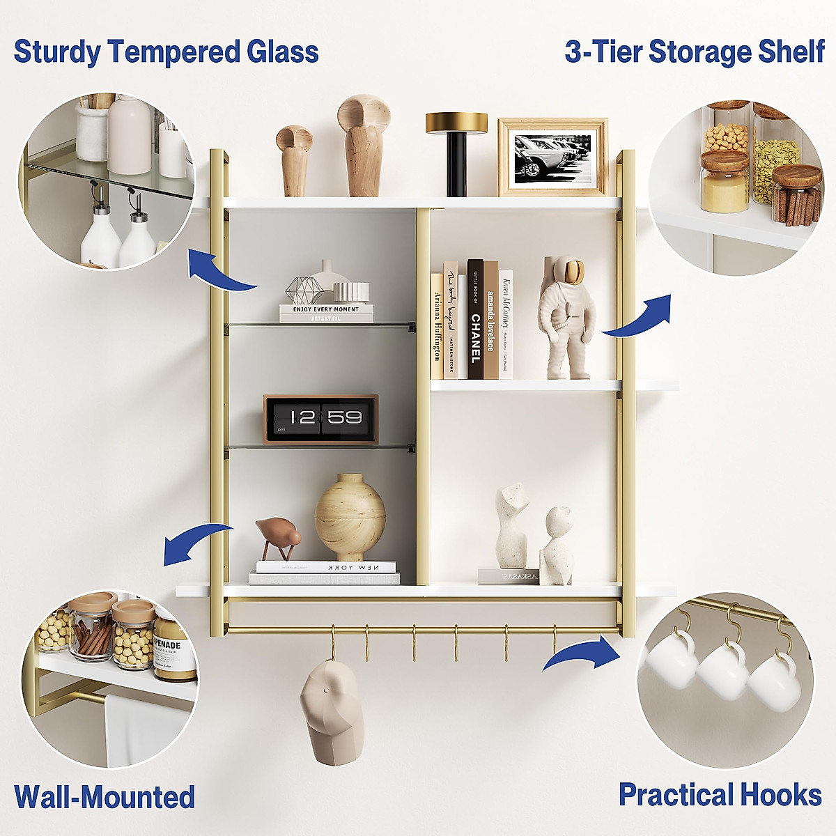 BELLEZE Gaming Floating Shelves, 40" LED Display Shelves Wall Mounted 4 Tier Storage Rack, Wooden Hanging Shelf with 6 Hooks, Wine Coffee Bar Rack for Kitchen Organization and Home Decor
