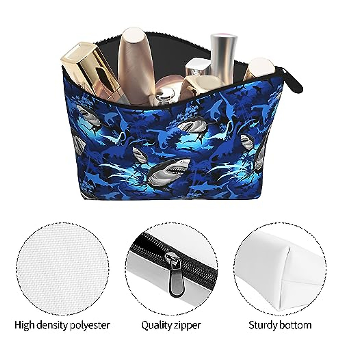 Women's Lightweight Makeup Bag Pouch Compatible with Cool Dinosaur And Ocean Sharks, Funny Travel Cosmetic Bag Portable Pencil Bag with Zip for Office College Christmas Gift