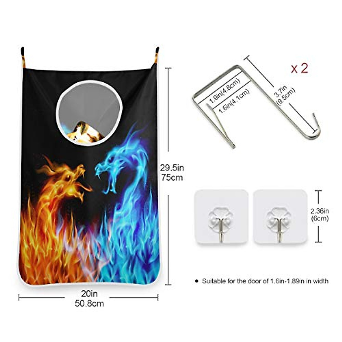 Red Blue Fire Dragon Hanging Laundry Hamper Bag Animal Monster Dirty Clothes Bag,Over The Door Cloth Basket with Hooks, for Bathroom, Bedroom, Storage, Space Saving, Wall, College, Closet