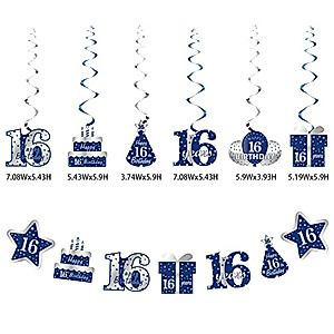 Kauayurk Blue Silver 16th Birthday Banner Decorations Kit for Boys, 26pcs Sixteen Birthday Banner Balloon Hanging Swirl Poms Party Supplies, 16 Years Old Birthday Sign Decor
