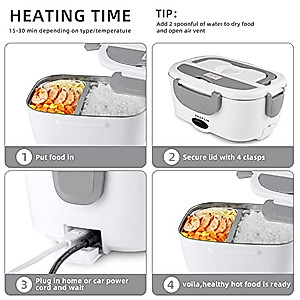 JIEGELIN Electric Lunch box food heater 2-in-1,12V/24V/110V/220V portable heating lunch box for cars and homes,stainless steel container fork and Spoon and portable bag (Grey)