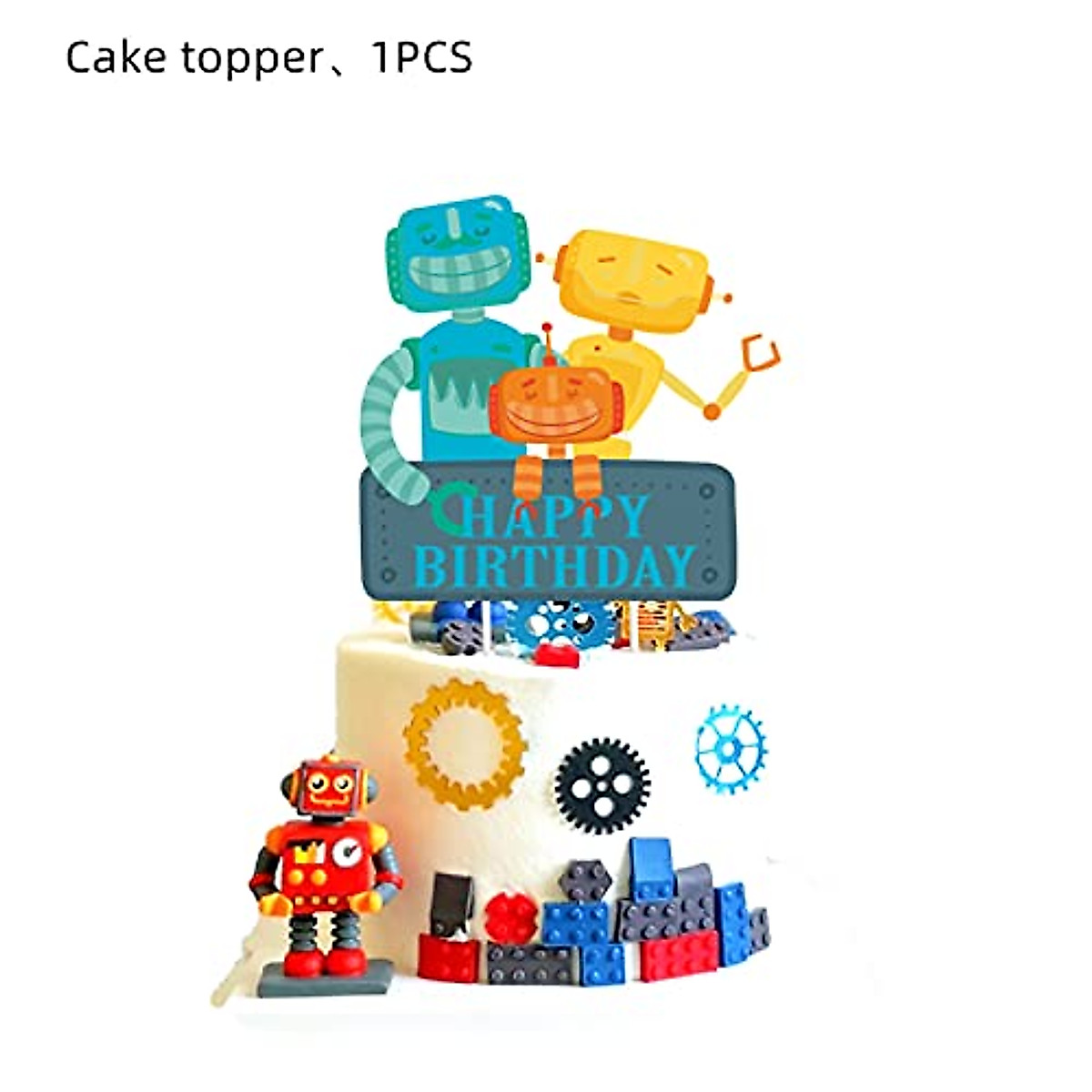 50Pcs Robot Party Supplies Set-Including Happy Birthday Banner,Cake Topper and Cupcake Toppers,Spiral Ornaments,Latex balloons for kid s Boys Robot Theme Party Decoration