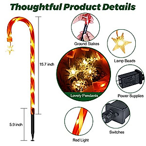 qimedo Christmas Candy Cane Pathway Markers Lights with Delicate Pendant 21 inches Outdoor Christmas Decorations Lights, Candy Cane Landscape Lights for Indoor Yard Patio Garden Walkway, 12 Packs